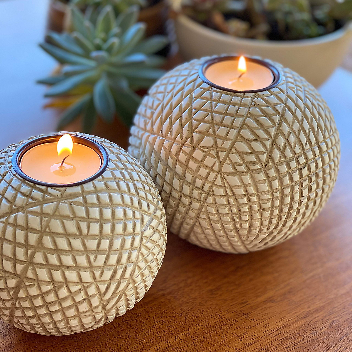 Luca Orb Candle Holders (Gift Boxed Set of 2), Table Centerpieces for Dining or Living Room, Spa, Bathroom, Kitchen Counter, Mantle or Coffee Table Decor (Grid Pattern, Beige and White)