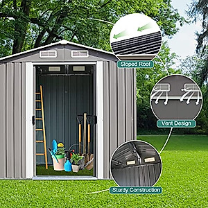 Steel Garden Storage Shed 6' x 4' - Utility Tool House with Vents Garden Storage House Metal Shed for Patio (Grey)