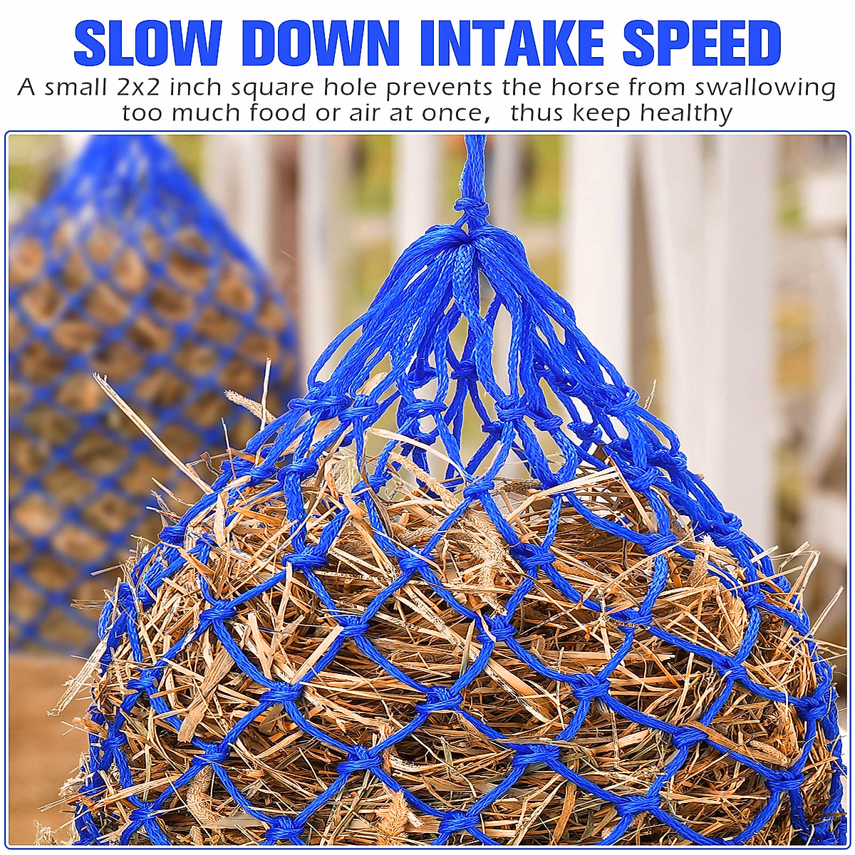 Nuenen 4 Pcs Slow Feed Hay Bag 40 Inch Hay Nets for Horses Hanging Hay Feeder for Goats 2 x 2 Inch Mesh Holes Horse Hay Bag Horse Feeding Supplies for Trailer and Stall, Simulates Grazing (Blue)