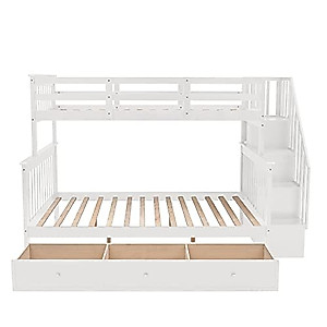 Harper & Bright Designs Twin Over Full Bunk Bed with Stairs, Solid Wood Stairway Bunk Bed with Storage Drawers for Kids Teens Adults, Bedroom, Dorm (White)
