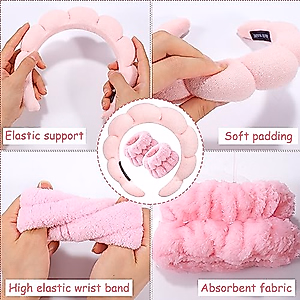 Zkptops Spa Headband for Washing Face Wristband Set Sponge Makeup Skincare Headband Wrist Towels Bubble Soft Get Ready Hairband for Women Girls Puffy Headwear Non Slip Thick Thin Hair Accessory(Pink)