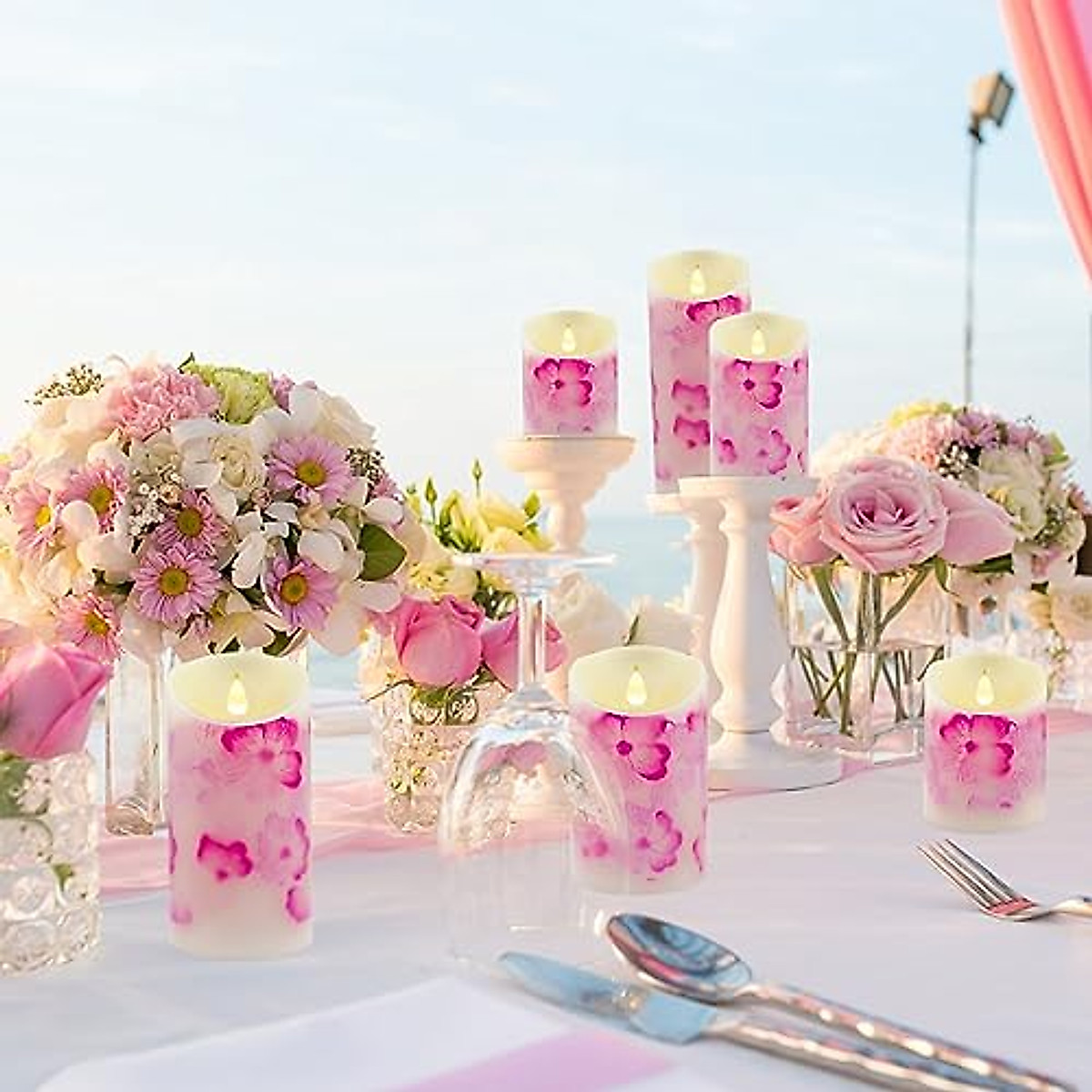 VEEKI Flameless Candles Lights, Set of 3 Cherry Blossoms Romantic LED Candles with Remote & Timer, Flickering LED Pillar Candles Battery Operated, Dimmable Electric Candles Gift for Mom Woman (Pink)