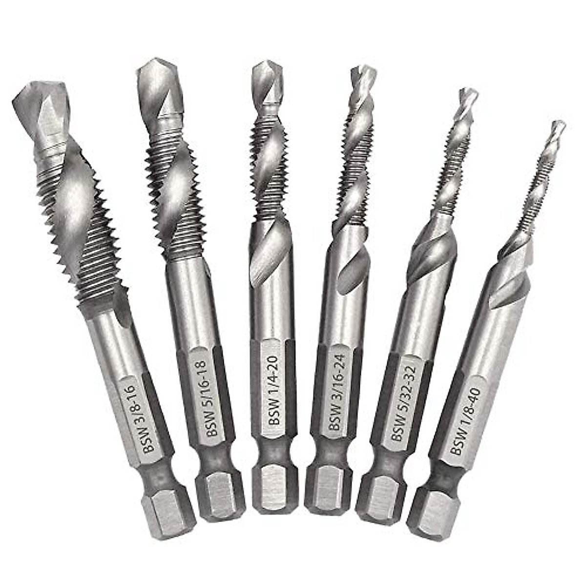 Mesee 6 Pieces Drill Tap Combination Bit Set, 1/4'' Hex Shank HSS Deburr Countersink Bits Spiral Screw Tap Tool Kit - Imperial 1/8 5/32 3/16 1/4 5/16 3/8