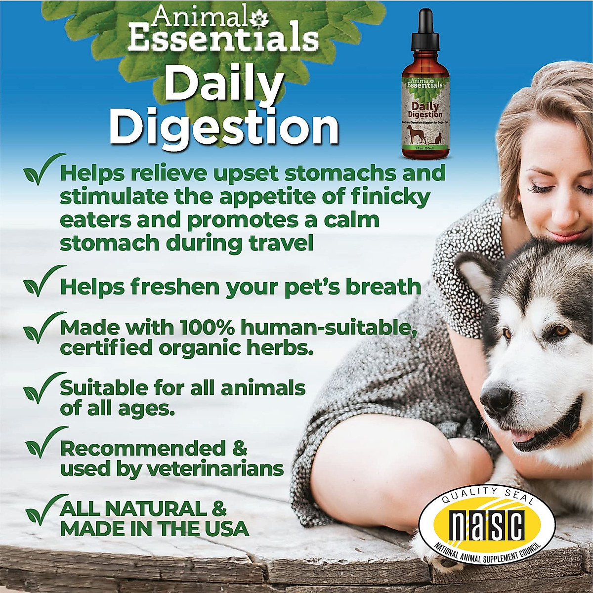 Animal Essentials Daily Digestion for Dogs & Cats - Digestive Support, Fresh Breath, Ginger Root, Fennel Seed Extract, Liquid Supplement - 1 Fl Oz