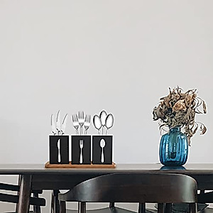 CHONIC Farmhouse Silverware Holder, Rustic Wood Silverware Caddy with Tray, Spoon Fork Knives Flatware Dispenser, Utensil Countertop Organizer, Plastic Cutlery Holder for Kitchen Party (Black)