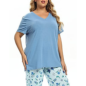 Vozanet Women's V Neck Sexy Pajama Sets Capri Sleepwear Floral Elegant Nighty 2PCS Plus Size S-3XL, Florals-Blue, XXX-Large