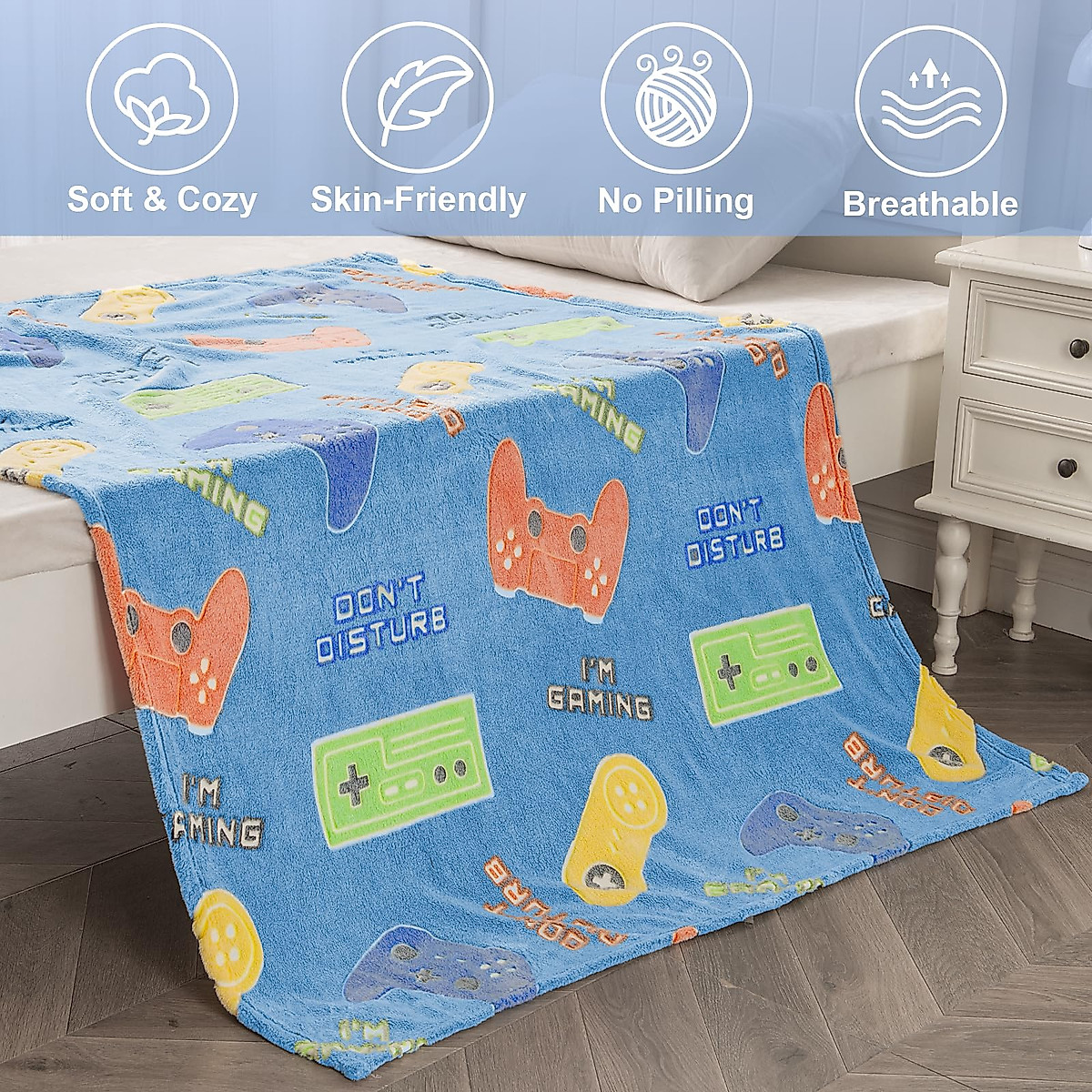 Levens Glow in The Dark Gaming Blanket for Boys - Christmas Easter Valentine's Gifts Toys for Teens, Gamer Stuff Controller Throw Decor Presents Kids Age 8 9 10 11 12 13 14 15 Year Old Boy 50"x60"