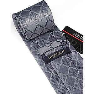 HISDERN Mens Ties for Men Grey Plaid Tie Handkerchief Classic Men's Tie with Pocket Square Set Formal Necktie Silver Gray Wedding Business Ties Set