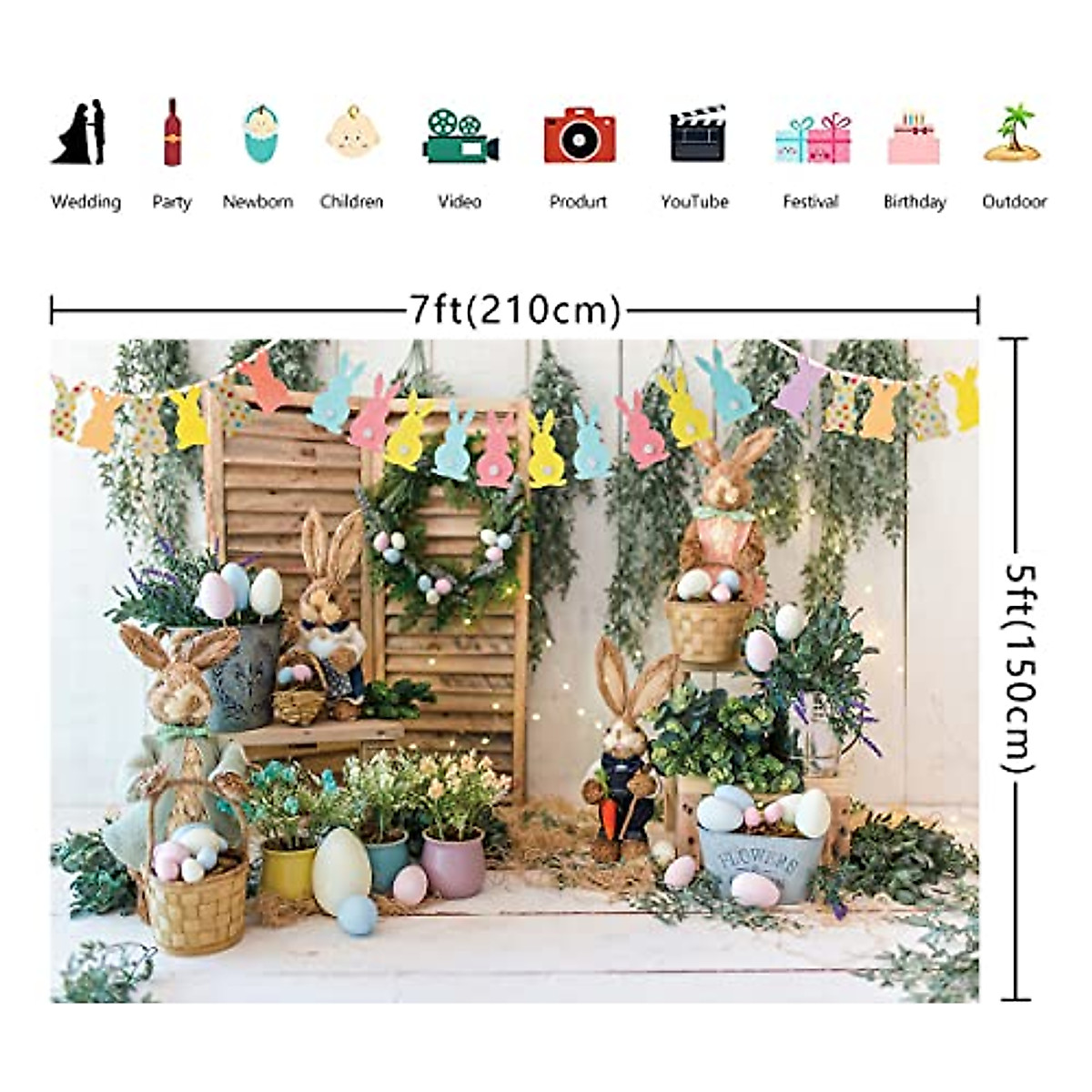Easter Photography Backdrop Egg Bunny Garden Flower Decoration Photo Background Birthday Party Supplies Newborn Baby Portrait Booth Props 7x5FT