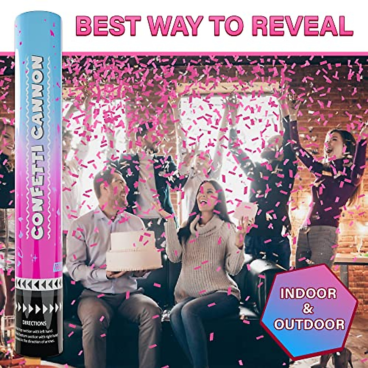 Gender Reveal Pink Confetti Cannon [5 Pack] - Gift 2 Magnetic Photo Frames, Gender Reveal Baby Girl Party Supplies, Biodegradable Confetti Poppers