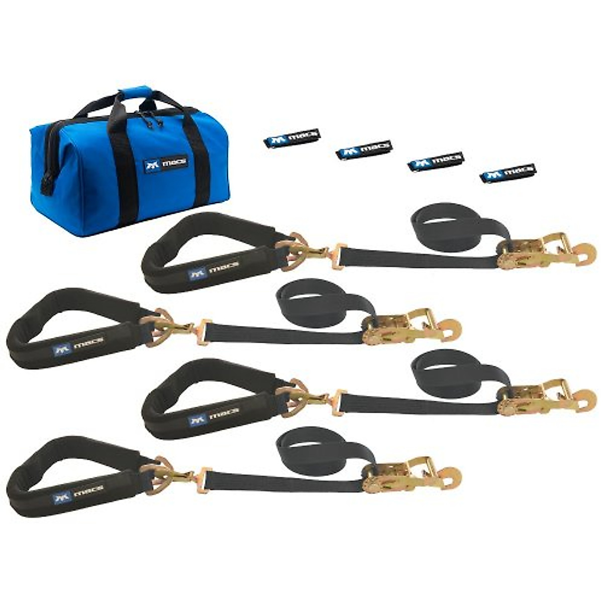Mac's Tie-Downs 511658 Automotive Pro Strap Kit (4 Pack) - Black, 10,000 lbs Break Strength 2" W x 8' L Strap with Direct Hook End, 40" Axle Strap, Fleece Sleeve, Strap Wrap, (1) Canvas Storage Bag