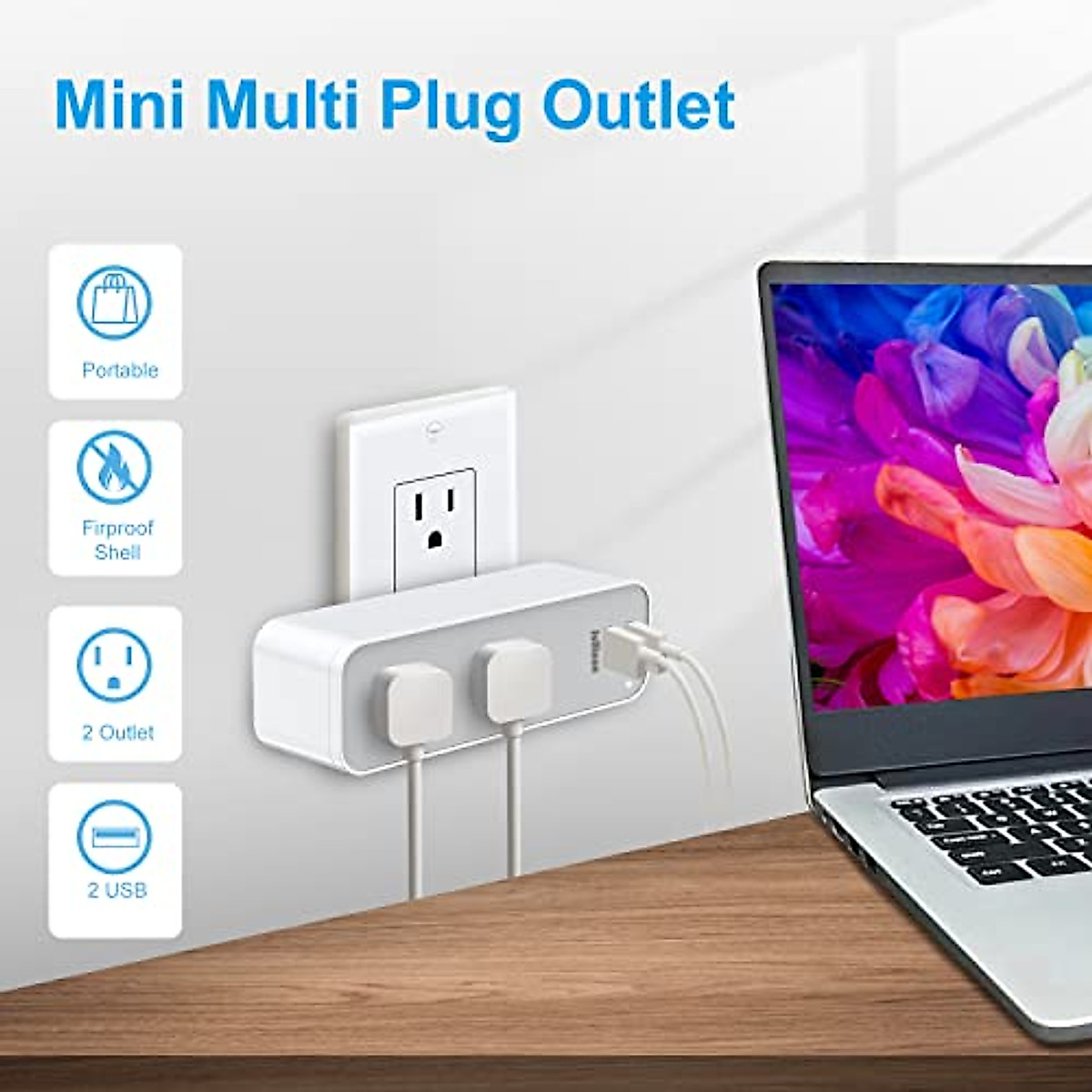 Multi Plug Outlet Extender with USB, JcBlaon Multiple Outlet Splitter with 2 USB Wall Charger, 2 Widely Spaced Wall Plugs Adapter, Outlets Expander for Travel, Cruise Accessories, Dorm, ETL (1 Pack)
