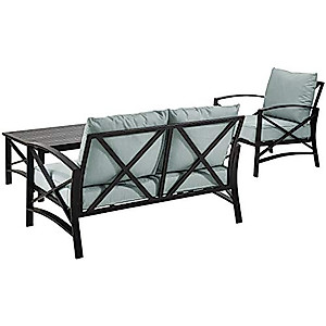 Crosley Furniture Kaplan 3-Piece Outdoor Loveseat Patio Furniture Set, Conversation Sets for Porch, Deck, Oiled Bronze with Mist Cushions