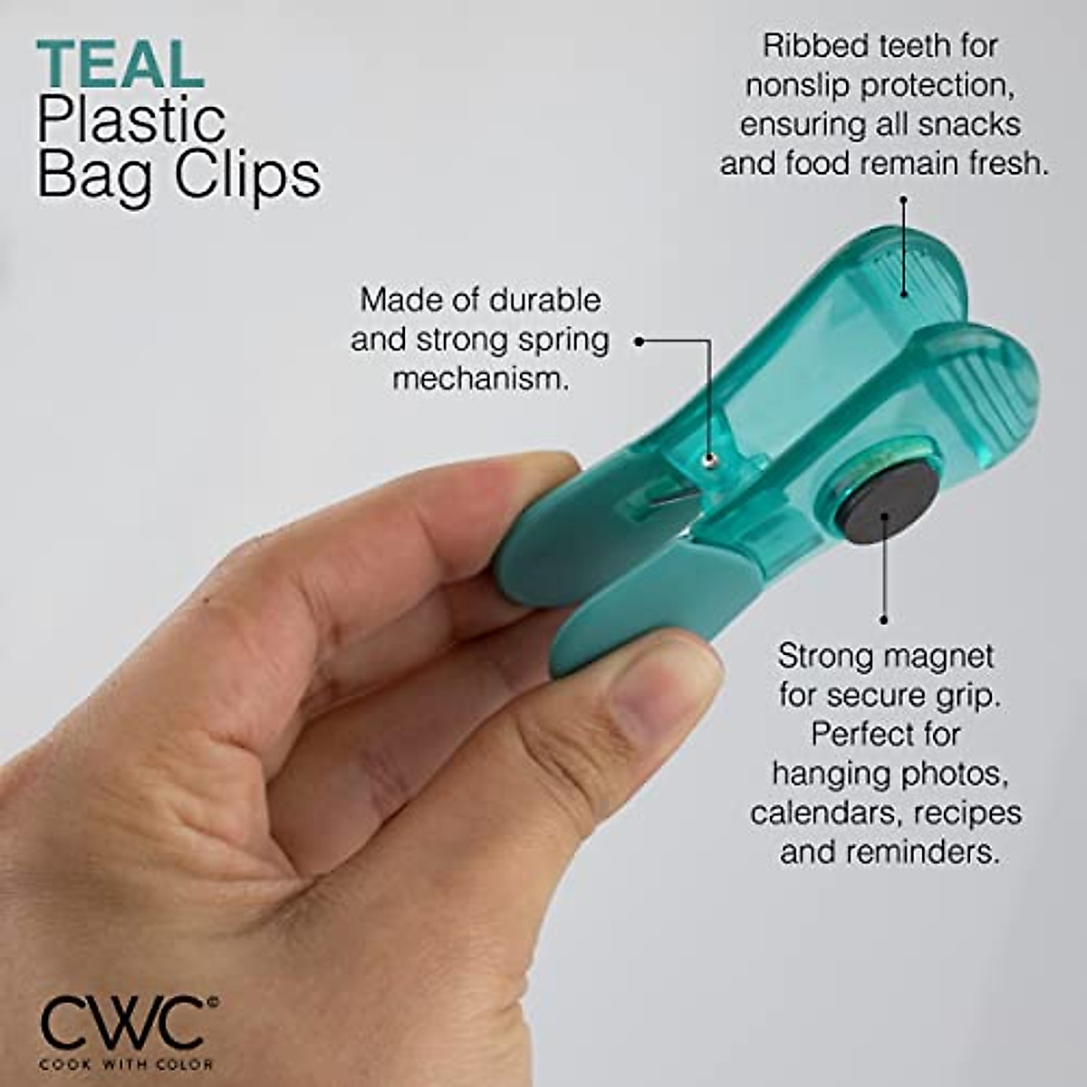 COOK WITH COLOR Set of 5 Magnetic Sealing Food Clips- Plastic Clips for Food and Kitchen Storage, Chip and Snack Bag Clips, Fun Fridge Clips - Teal