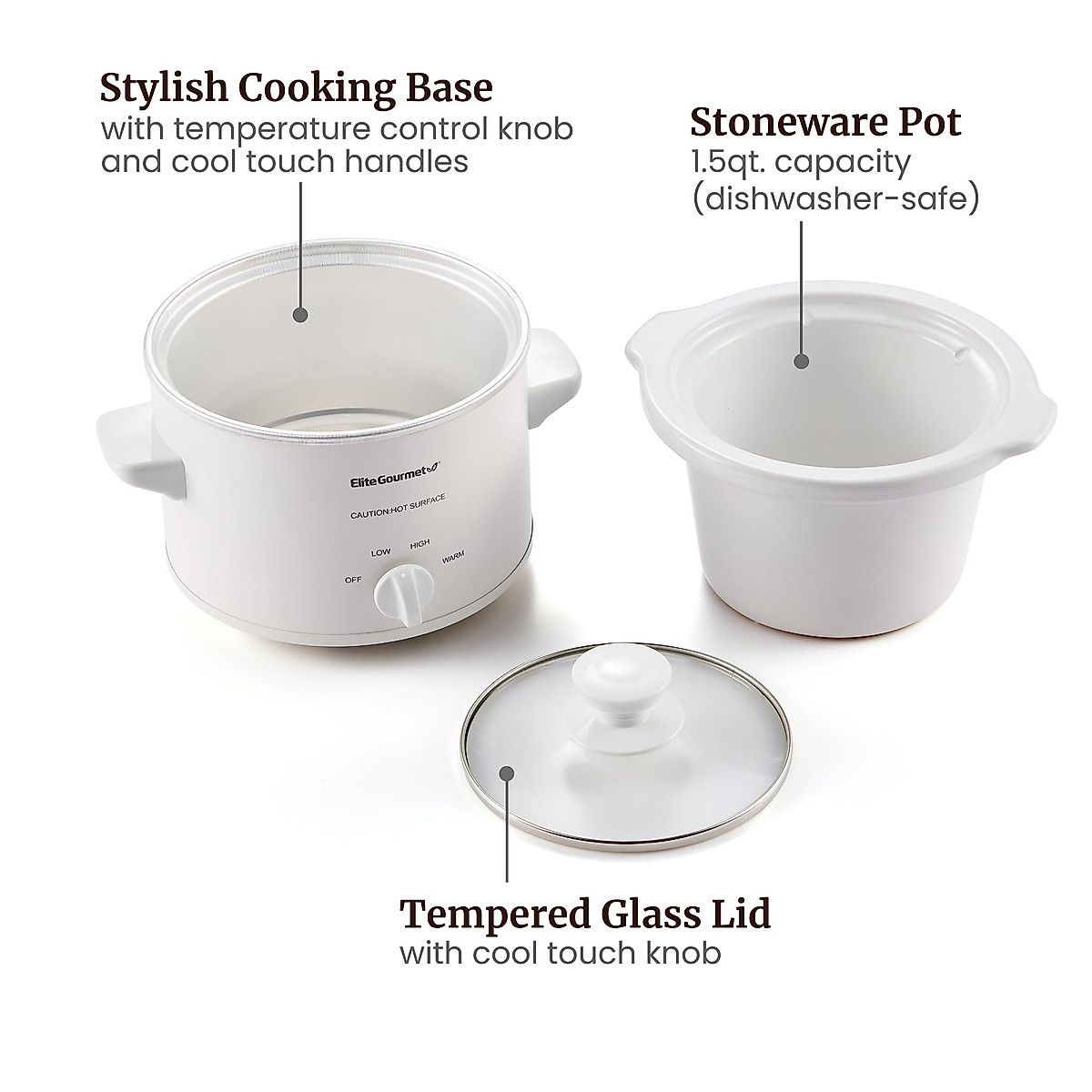 Elite Gourmet MST-250XW Electric Slow Cooker Ceramic Pot Adjustable Temp, Entrees, Sauces, Stews & Dips, Dishwasher Safe Glass Lid & Crock