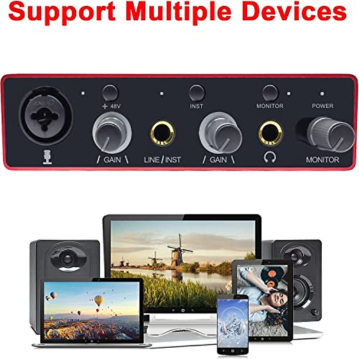 Audio Interface USB Audio Interface with Mic Preamplifier USB Audio Mixer Recorder with 48V Phantom Power, 24 Bit, Support Tablet, Computers and Other Equipment Recording （NO DAW Software included）