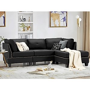 Esright 88.6” Convertible Sectional Sofa Couch with Ottoman, Modern Tufted Linen Fabric L-Shaped Couch with Reversible Chaise, Suitable for Office,Living Room and Hotel Lobby, Black