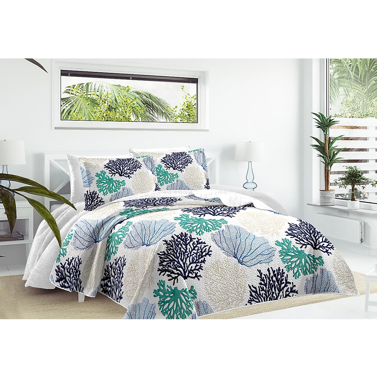 3 Piece Blue Teal Coral Coastal Quilt Sets King Size Nautical Beach Bedding Lightweight Reversible Microfiber Coverlet with 2 Shams Ocean Themed Bedspread Comforter Set for All Season, 96" x 106"