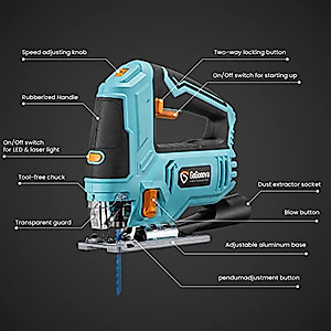 7.2AMP(850W) Jig Saw, GoGonova 6 Variable Speeds Jigsaw, 4-Stage Orbital Function, ±45° Bevel, Jig Saw Tool Kit with Wood Cutter Blades, Laser Guide (LED), Scale Ruler, Dust Blowing