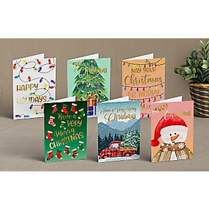 Better Office Products 50 Pack Christmas Cards Set with Gold Foil Accents, 4" x 6", Fun & Festive Designs, Blank Inside, Boxed Set