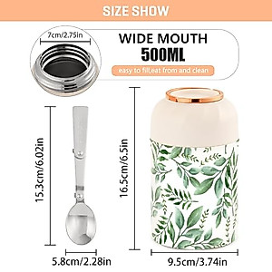 Watercolor Green Leafs Kids Womens Insulated Food Jar Containers with Spoon 17oz/500ml Insulated Lunch Containers Stainless Steel Vacuum Food Warmer Storage Containers for Hot/Cold Food
