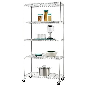 TRINITY Basics EcoStorage TBFZ-0933 5 Tier 36 x 18 x 76 Inch Adjustable Wire Shelving with Wheels for Home, Kitchen, Garage, or Business Use, Chrome