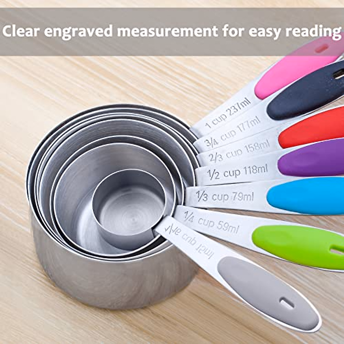 15 Pcs Stainless Steel Measuring Cups and Spoons Set, YIHONG Metal Measuring Cups and Spoons with Silicone Handle for Cooking & Baking, Includes 7 Cups, 7 Spoons and 1 Leveler