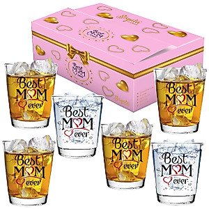 BISYATA Gift for Mom, Mothers Day Gift - Best MOM Ever Shot Glasses - Great Mother Birthday/Christmas Gifts from Daughter and Son - 2oz CLEAR Shot Glass Set of 6 - With Gift Box
