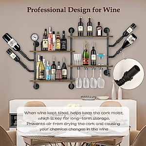 Gtouse Industrial Pipe Wine Rack Wall Mounted,Liquor Bottle Display Shelf,Floating Bar Shelves,Wooden Liquor Bar Shelf with 4 Stem Glass Holder,4 Tier Floating Whiskey Shelf for Kitchen Dining Room