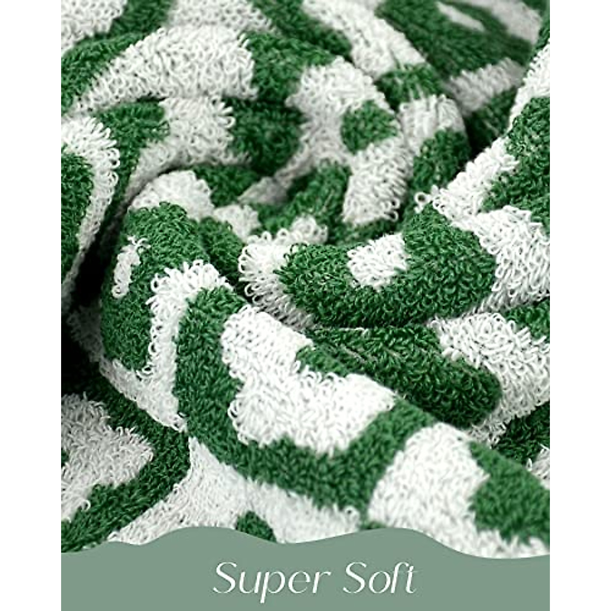 Hand Towels Checkered Floral - Set of 4 Soft Face Towels for Bathroom, Large Size 13” x 29”, Dark Olive Green