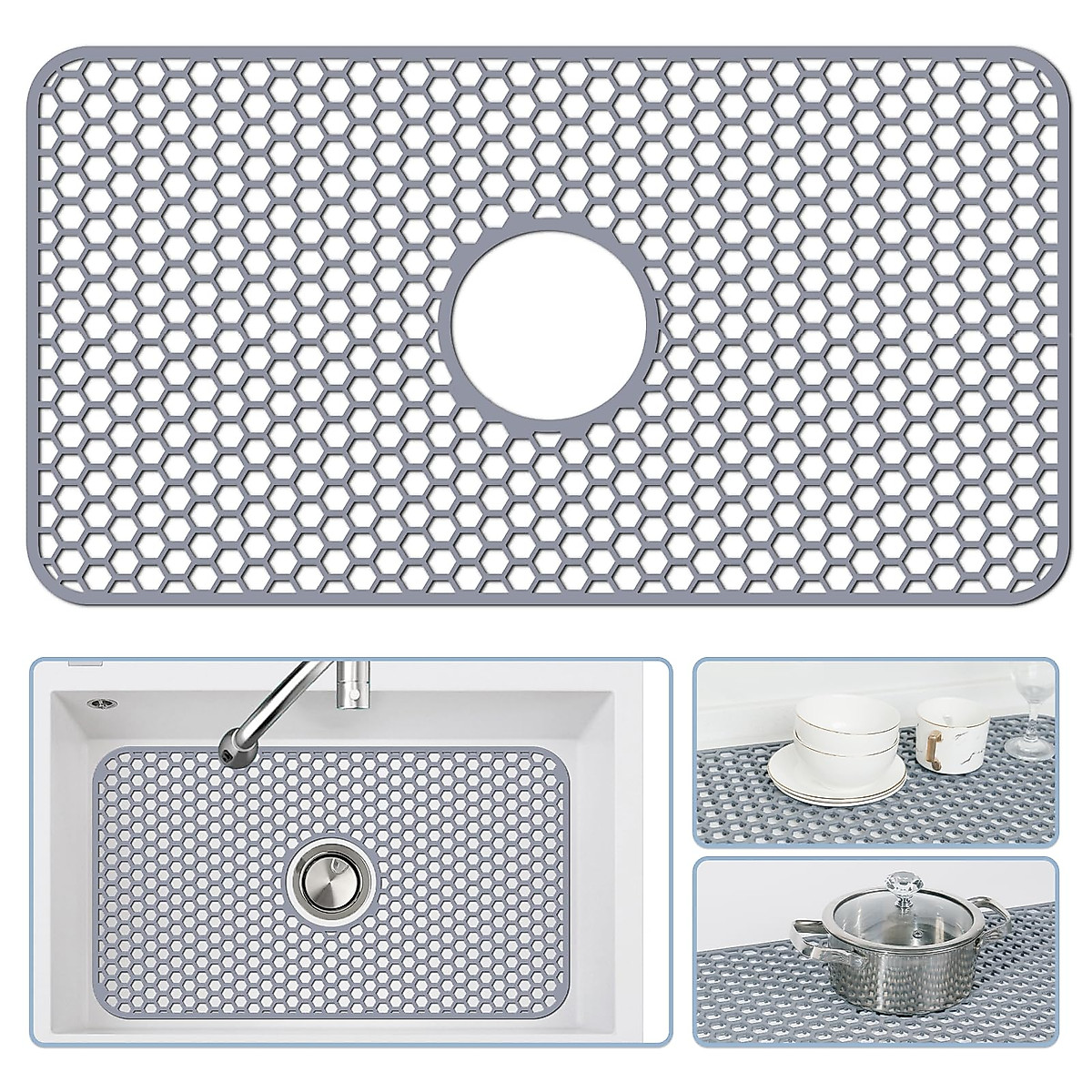 Bestjing Silicone Sink Mat - Protectors for Kitchen Sink with Center Drain, 26"x 14" Kitchen Sink Grid, Non-Slip Heat-Resistant Sink Mat for Bottom of Farmhouse Stainless Steel Sink (Center Hole)