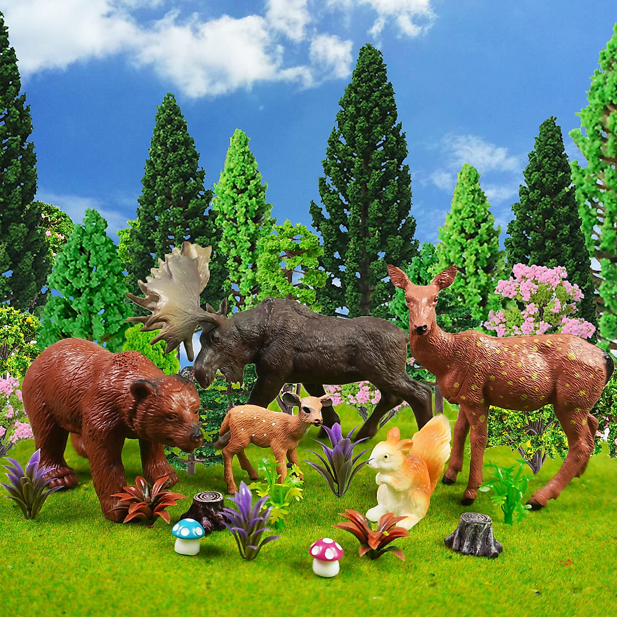 40 PCS Woodland Animals Figures Model Trees, 5 Pcs Animal Toy Figurines and 35 Pcs Mixed Plastic Trees Forest for Woodland Cake Toppers Decorations Birthday Party Supplies
