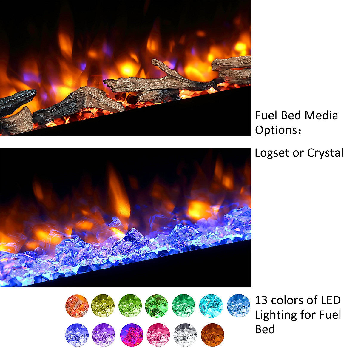 PuraFlame Alice 50 Inches Recessed Electric Fireplace, Flush Mounted for 2 X 6 Stud, Log Set & Crystal, 1500W Heater, Remote Control, Black