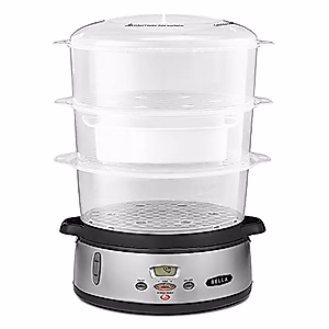 BELLA 9.5 QT Triple Tier Digital Food Steamer, Healthy Fast Simultaneous Cooking, Stackable Baskets for Vegetables or Meats, Rice/Grains Tray, Auto Shutoff & Boil Dry Protection, Stainless Steel