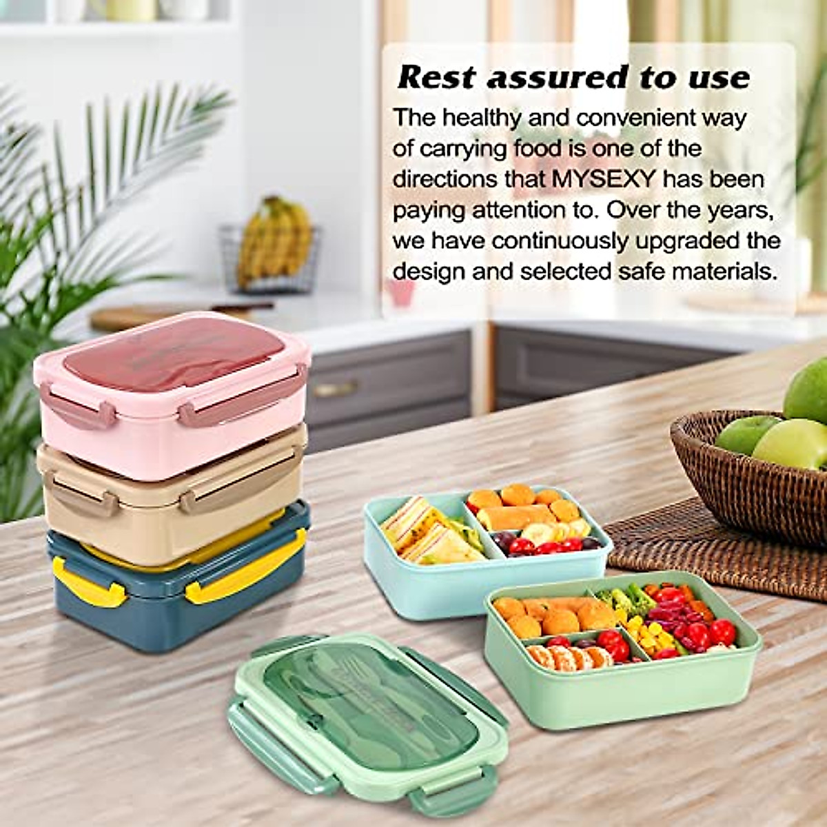 MYSEXY Bento Lunch Box for Kids and Adults with 3 Compartment Leak Proof Lunch Boxes for Men Women Food Containers with Spoon Fork Knife Chopsticks - 1400 ML (Khahi)