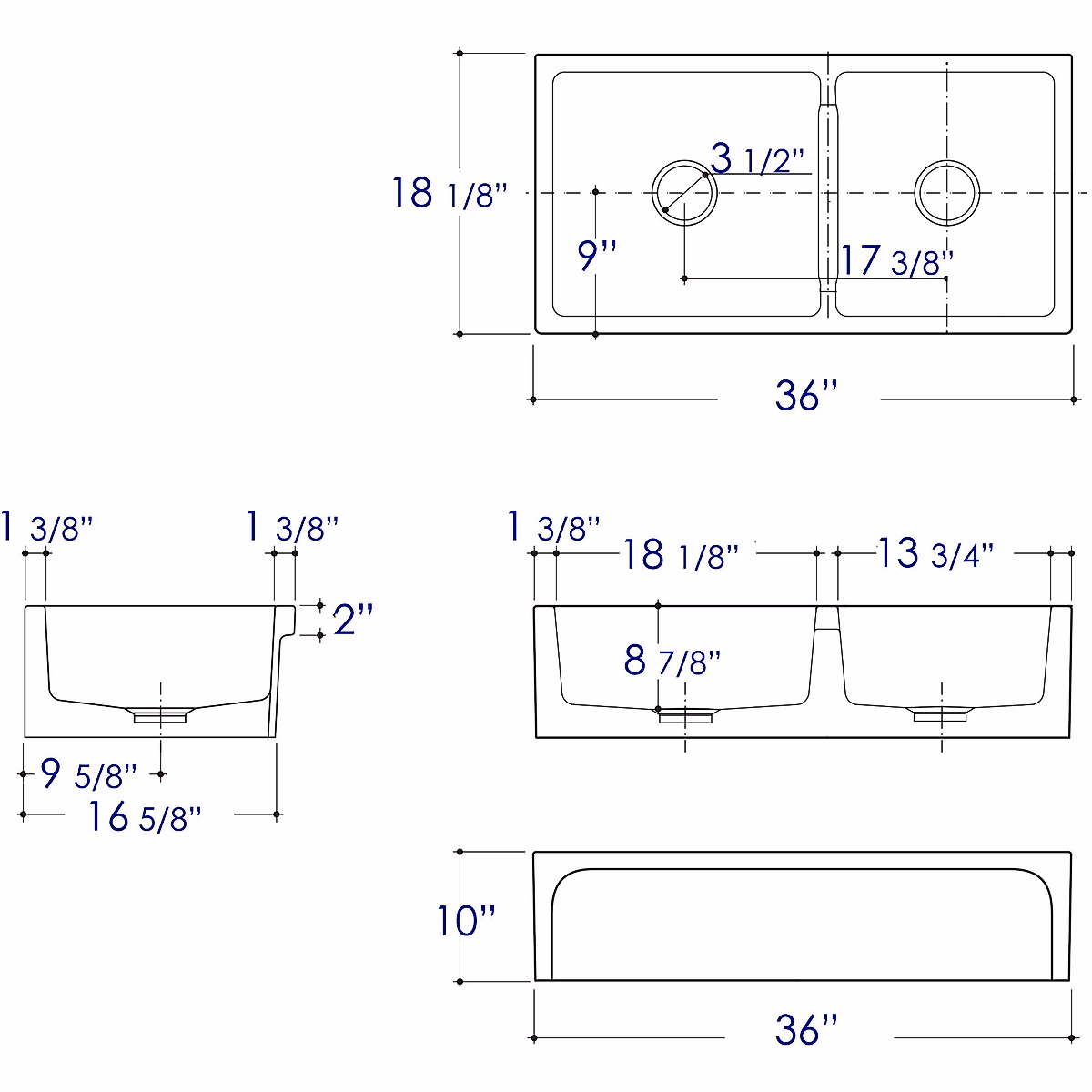 ALFI brand AB3618ARCH-B Arched Apron Thick Wall Fireclay Double Bowl Farm Sink, 36", Biscuit