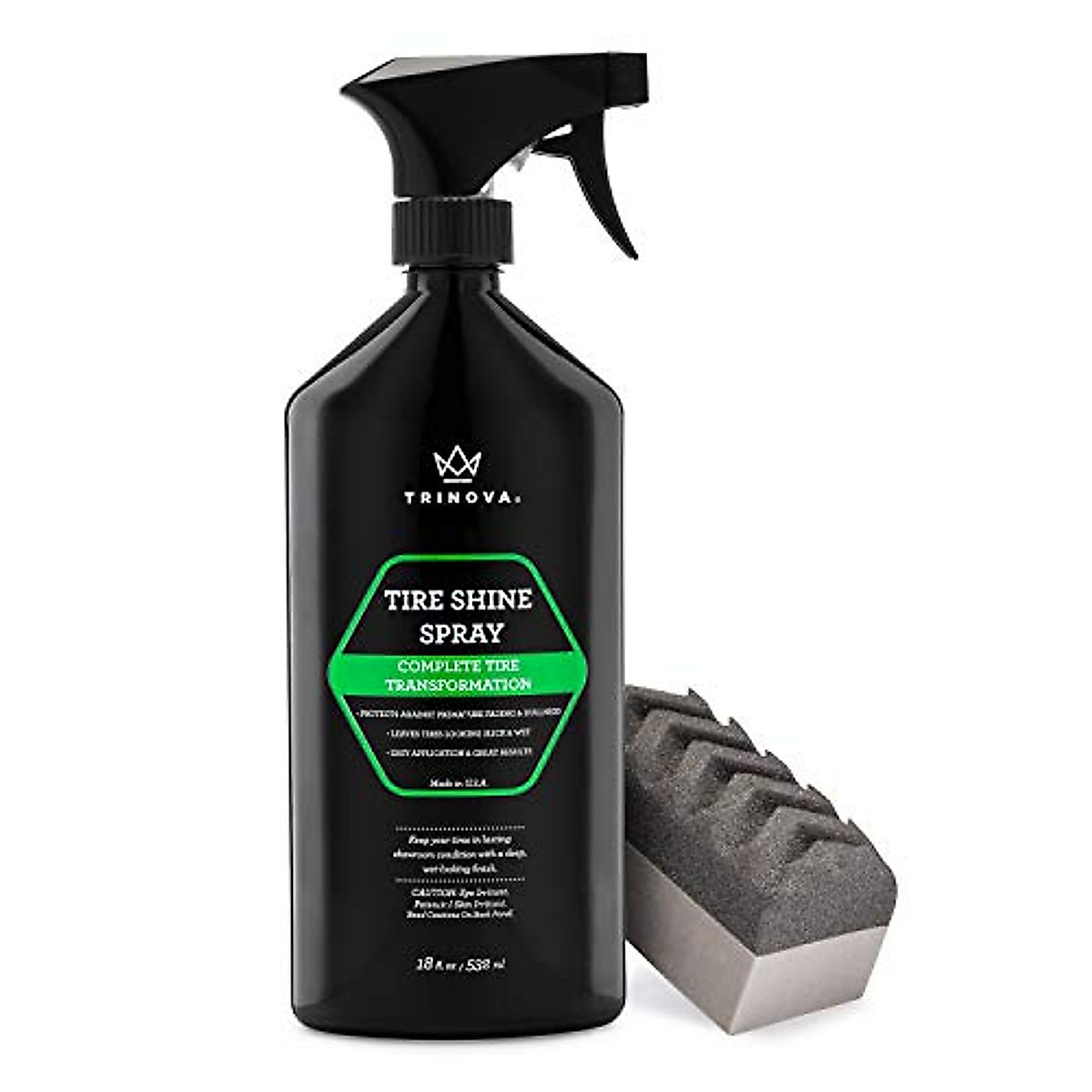 Trinova Tire Shine Spray No Wipe - Automotive Clear Coat Dressing for Wet & Slick Finish - Keeps Tires Black - with Rubber Protector - Prevents Fading & Yellowing - 18 OZ