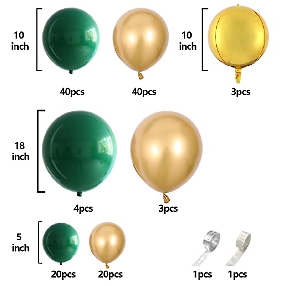DNBOD Green and Gold Balloon Garland Kit, 132pcs Dark Green Balloon, Metallic Gold Balloon and Gold 4D Foil Mylar Balloon for Adult Birthday Bridal Shower Wedding Jungle Theme Party Decoration