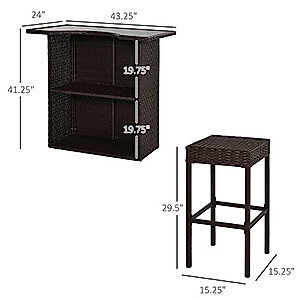 Outsunny 5 Pcs Rattan Wicker Bar Set with Glass Top Table and 2 Tier Storage Shelf, 1 Table and 4 Bar Stools for Outdoor, Patio, Garden, Poolside