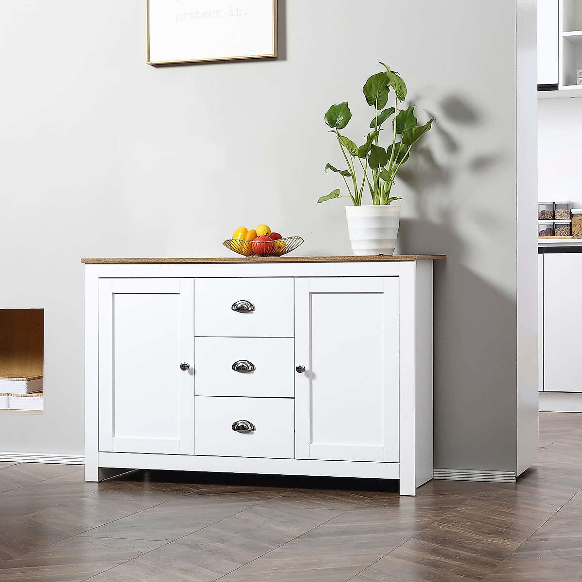 HOMCOM Kitchen Sideboard with Adjustable Shelves, Buffet Cabinet, Coffee Bar Cabinet with 3 Storage Drawers, White