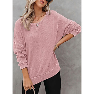 Dokotoo Womens Waffle Knit Oversized Crewneck Sweatshirt for Women Trendy Side Split Long Sleeve Pullover High Low Slouchy Fit Casual Cute Sweatshirts Tops Fall Outfits Clothes 2024 Pink Medium