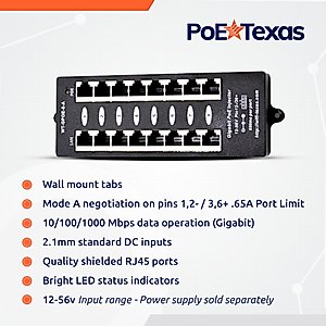 PoE Texas 8 Port PoE Injector - Gigabit Passive Power Over Ethernet Midspan - Front Wall Mount Solution for Security Cameras, IP Phones, WiFi APs - Add PoE to Non-PoE Switch (Without Power Supply)