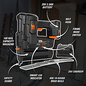 WEN 20V Max Cordless 18-Gauge Brad Nailer with 2.0Ah Battery and Charger (20512)