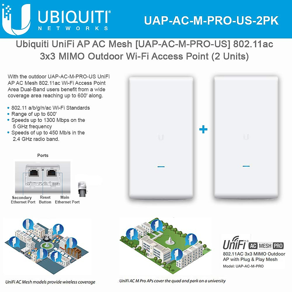 UniFi AC Mesh Wireless Access Point UAP-AC-M-PRO-US 802.11ac 3x3 MIMO Outdoor Wi-Fi (2 Units)