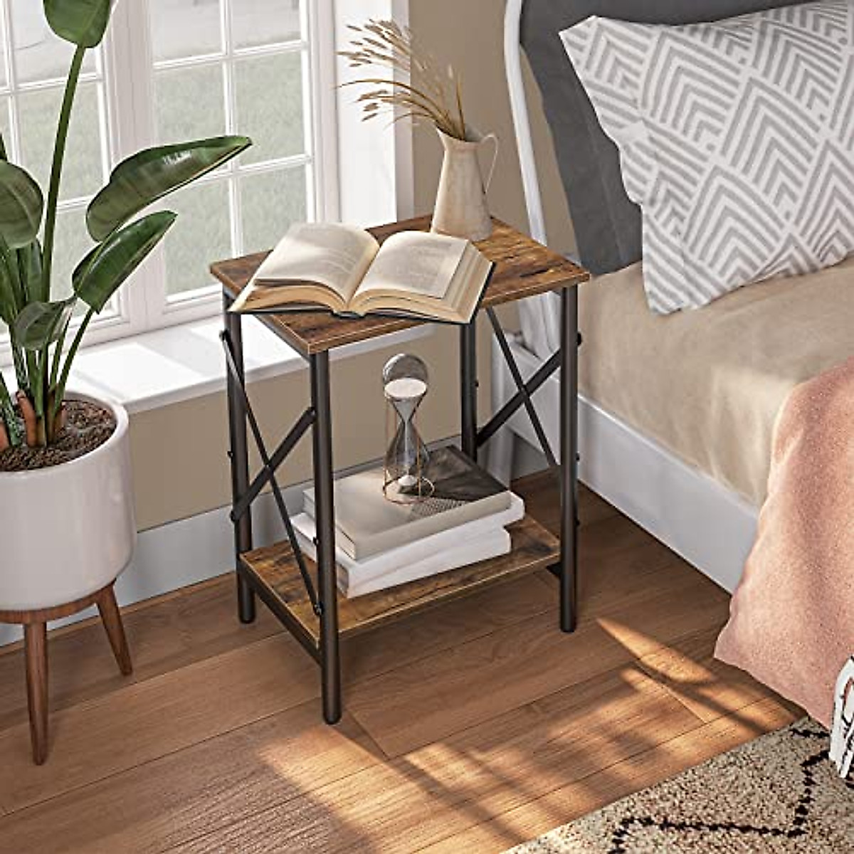 MAHANCRIS Small Side Table, 2-Tier Narrow End Table with Storage, X-Shaped Narrow Nightstand, Bedside Table for Small Spaces, Steel Frame, Living Room, Bedroom, Easy Assembly, Rustic Brown ETHR2801Z