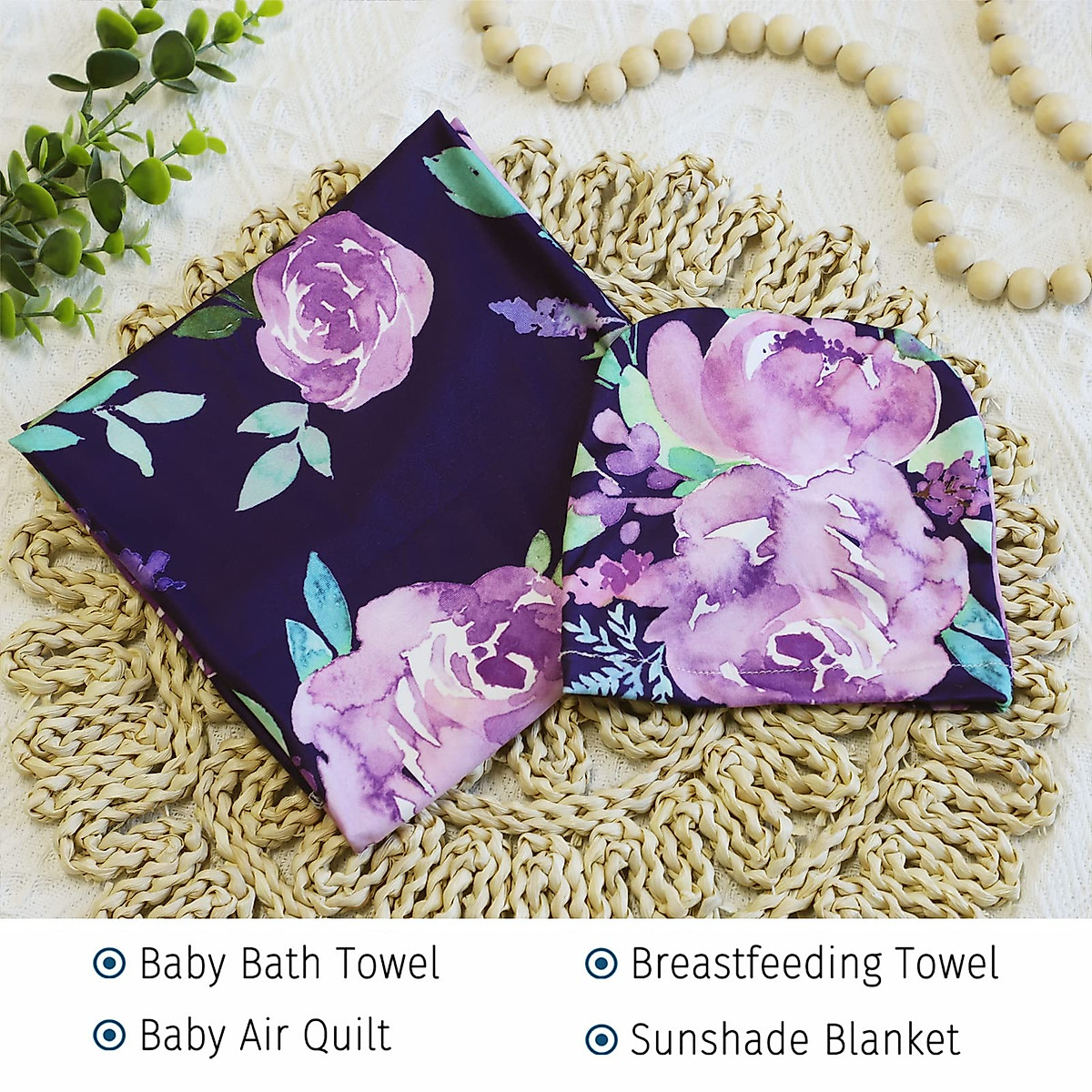 Newborn Swaddle Blanket with Beanie Set,Soft Stretchy Blanket for 0-3 Months Baby Boys and Girls(Purple Flower)