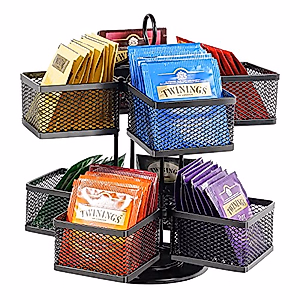 Puricon Tea Bag Organizer Storage Holder 360-Degrees Spinning Carousel, 8 Compartments, TeaBags Display Rack with Lazy Susan Platform for Kitchen Home Office Coffee Bar Station Pantry Counter -Black