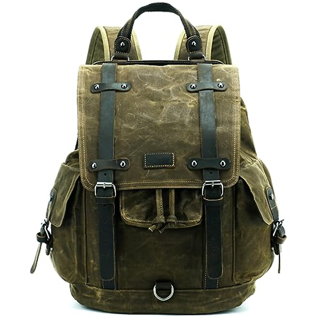 HuaChen Wax-Coated Canvas Backpack: Vintage Outdoor Travel Bag, Laptop Sleeve, Water-Resistant Shoulder Rucksack (M82_Army Green)