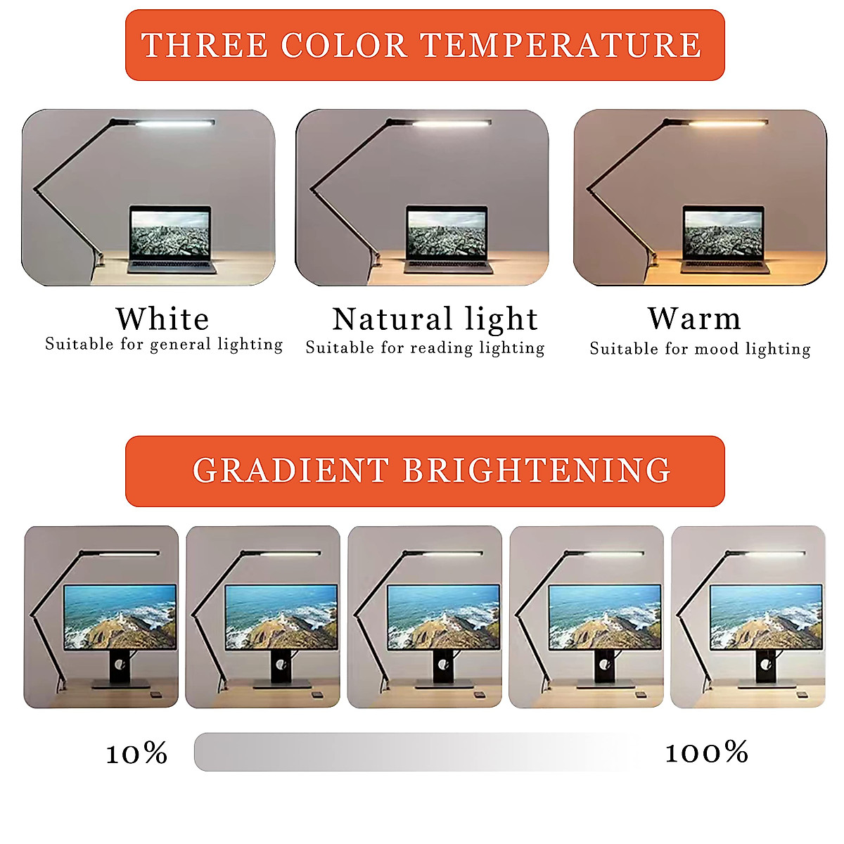 Desk Lamp with Clamp Eye-Care Swing Arm Desk Lamp Stepless Dimming Adjustable Color Temperature Modern Architect Lamp with Memory Timing Function for Study