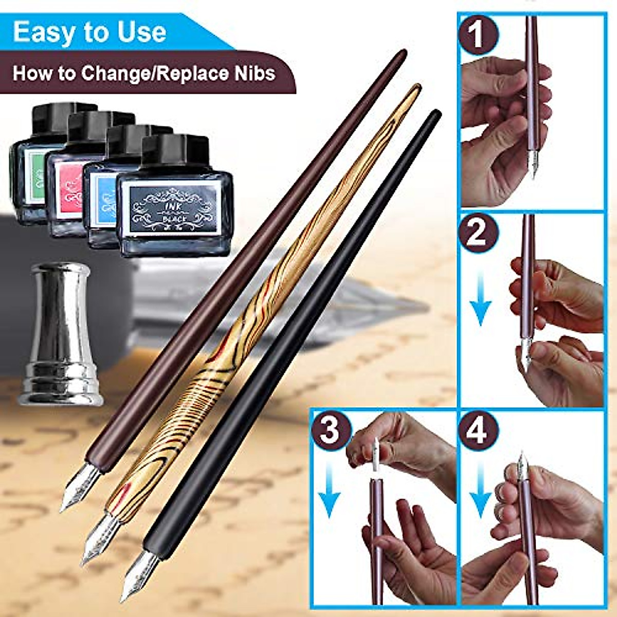 Trustela Calligraphy Set For Beginners, 3 Calligraphy Pens, 4 Ink Bottle 15ml, 20 Calligraphy Nibs, 1 Calligraphy Pen Holder, Dip Pen Set, Gift For Men, Women And Kids, Calligraphy Kit For Beginners